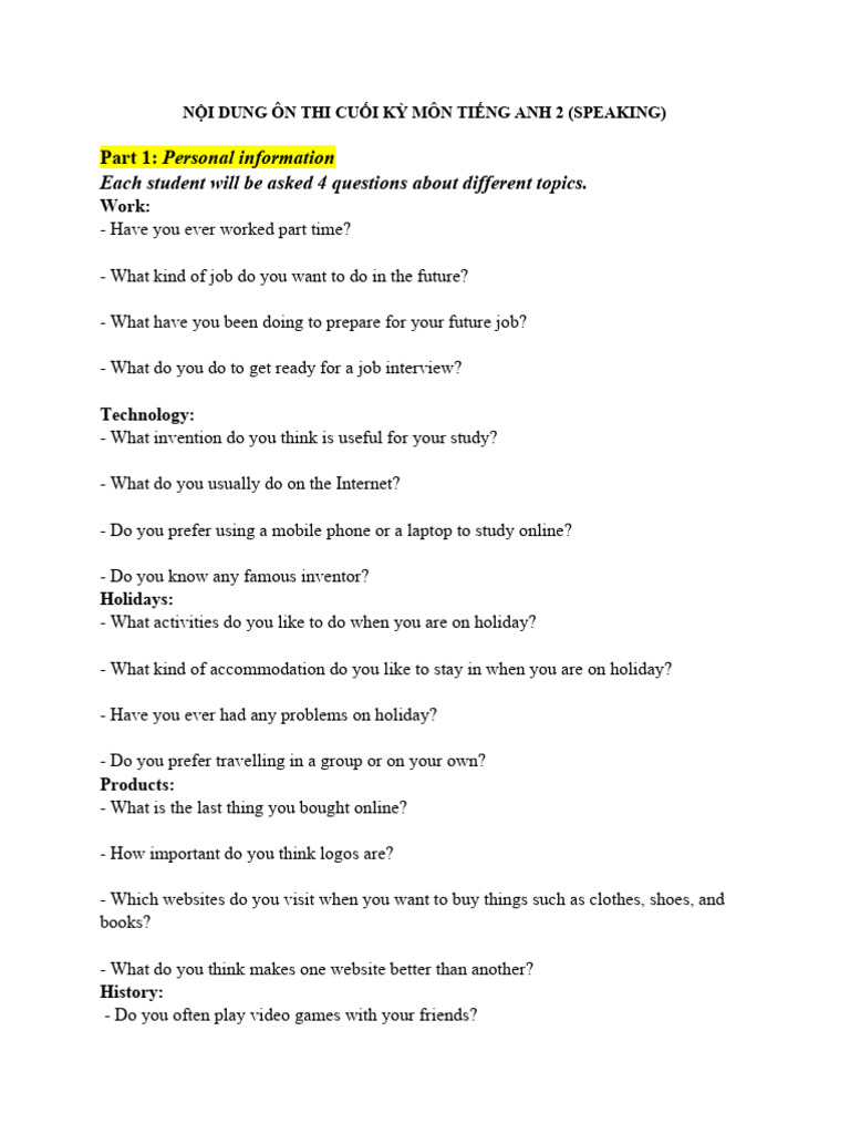 Personal Information Each Student Will Be Asked 4 Questions About ...
