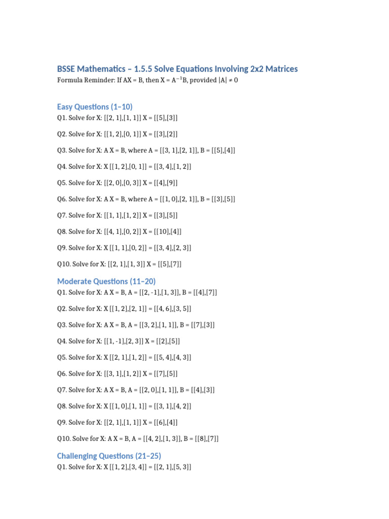 BSSE Mathematics 1.5.5 Solve 2x2 Matrix Equations Practice Questions | PDF
