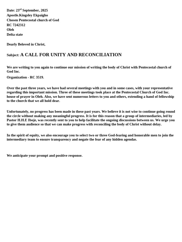 Call for Unity and Reconciliation | PDF