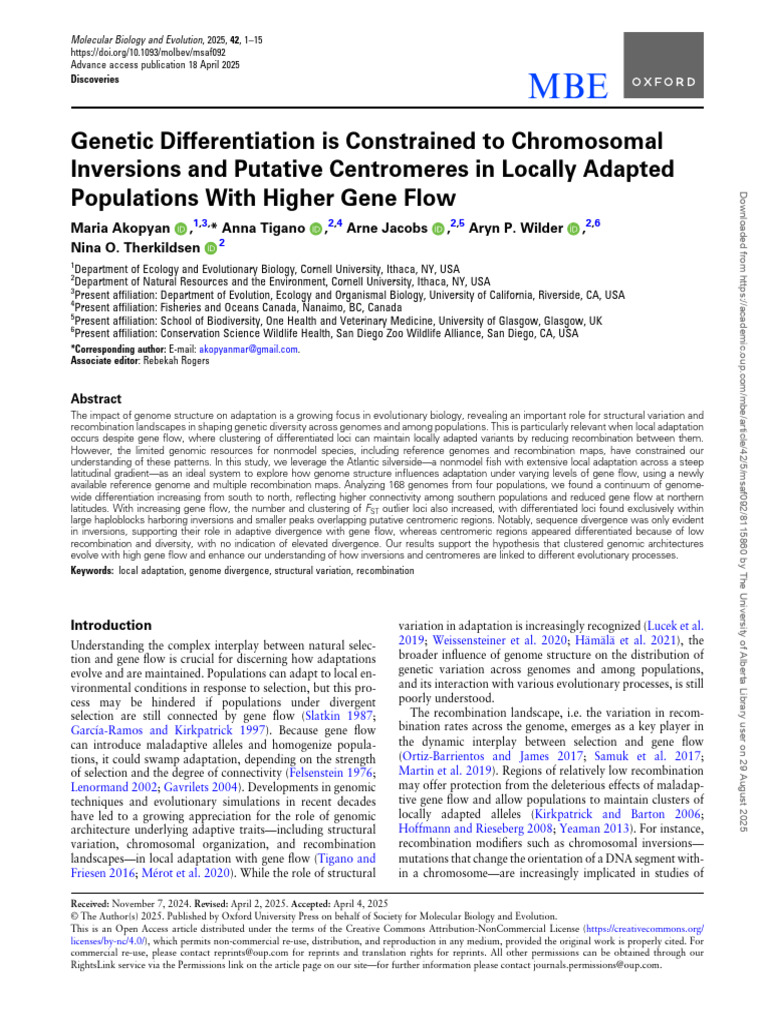 Akopyan Et Al 2025 Inversions and Gene Flow | PDF | Genetic ...
