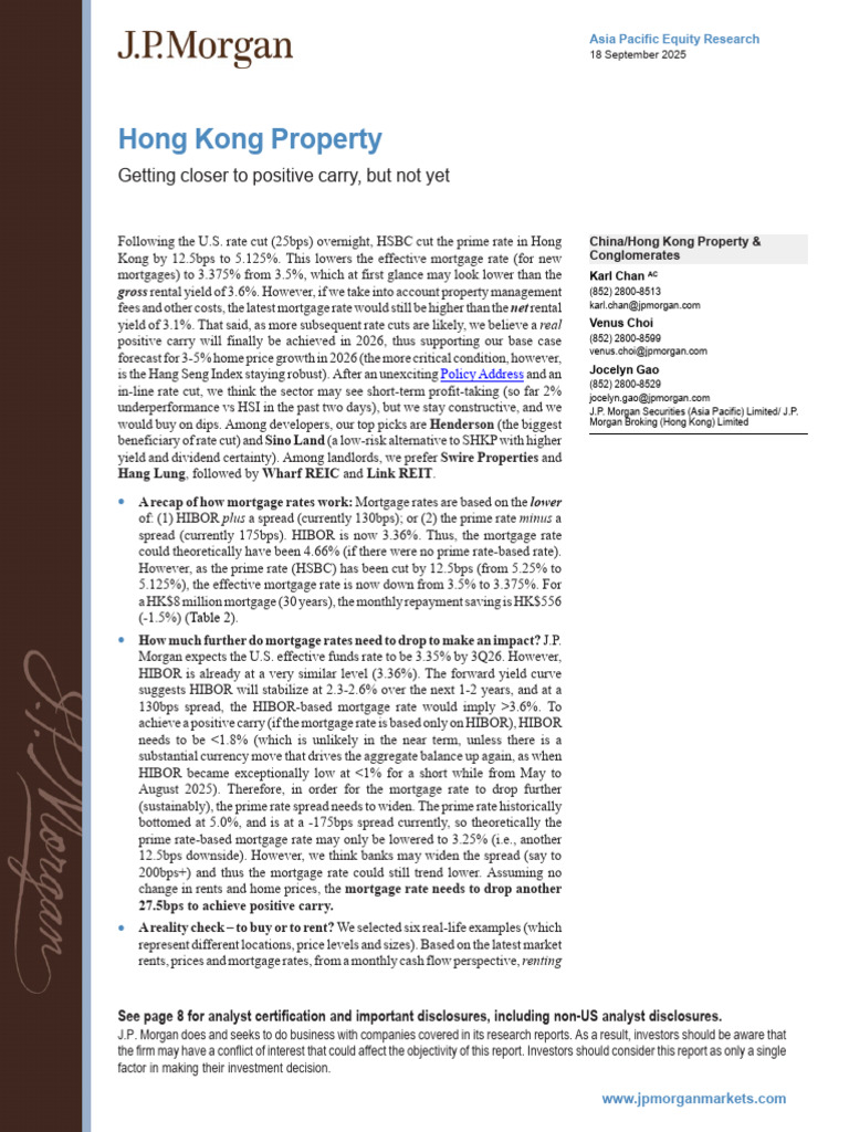 20250918-JP Morgan-Hong Kong Property | PDF | Economies | Investing