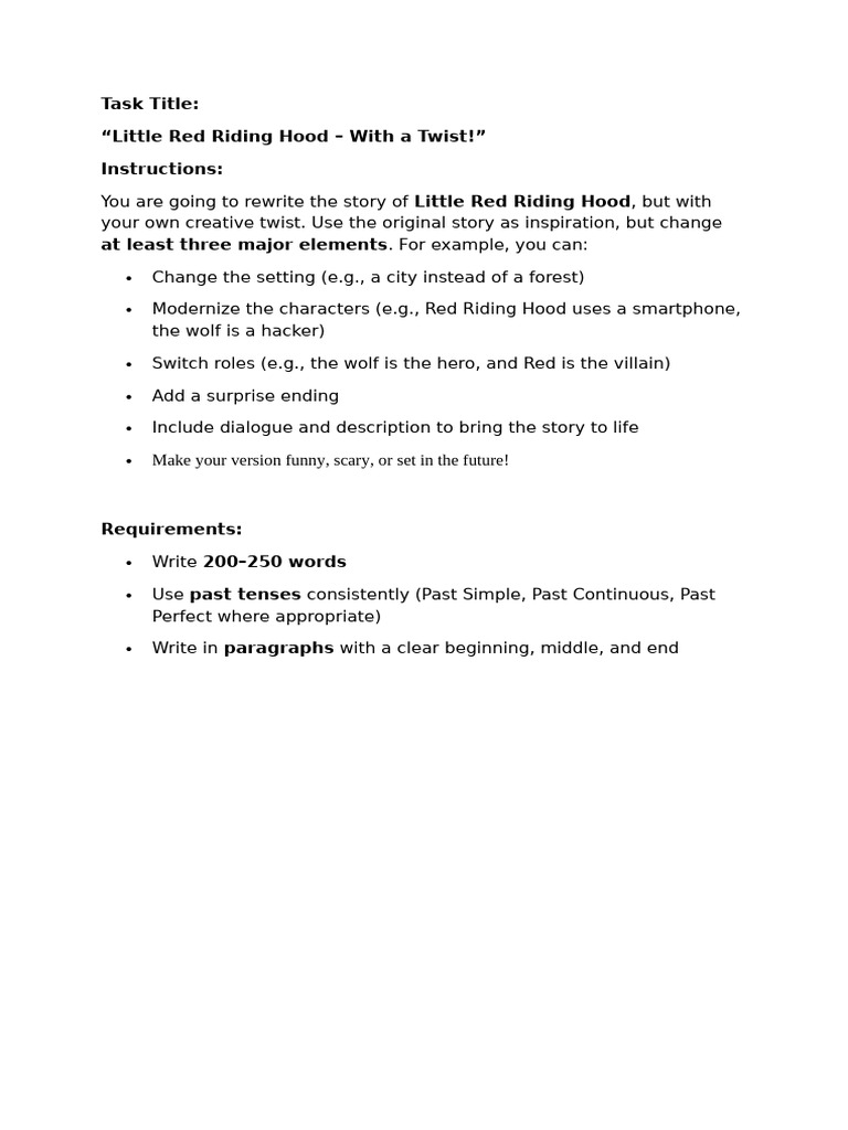 Little Red Riding Hood Task - Group Activity | PDF