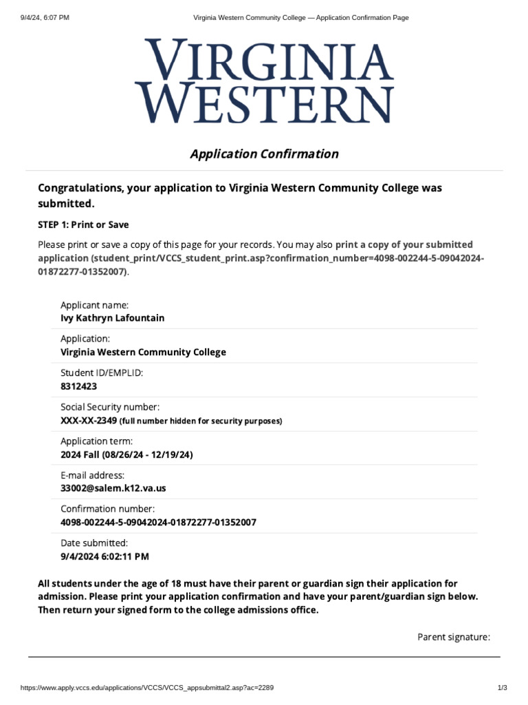 Virginia Western Community College - Application Confirmation Page ...