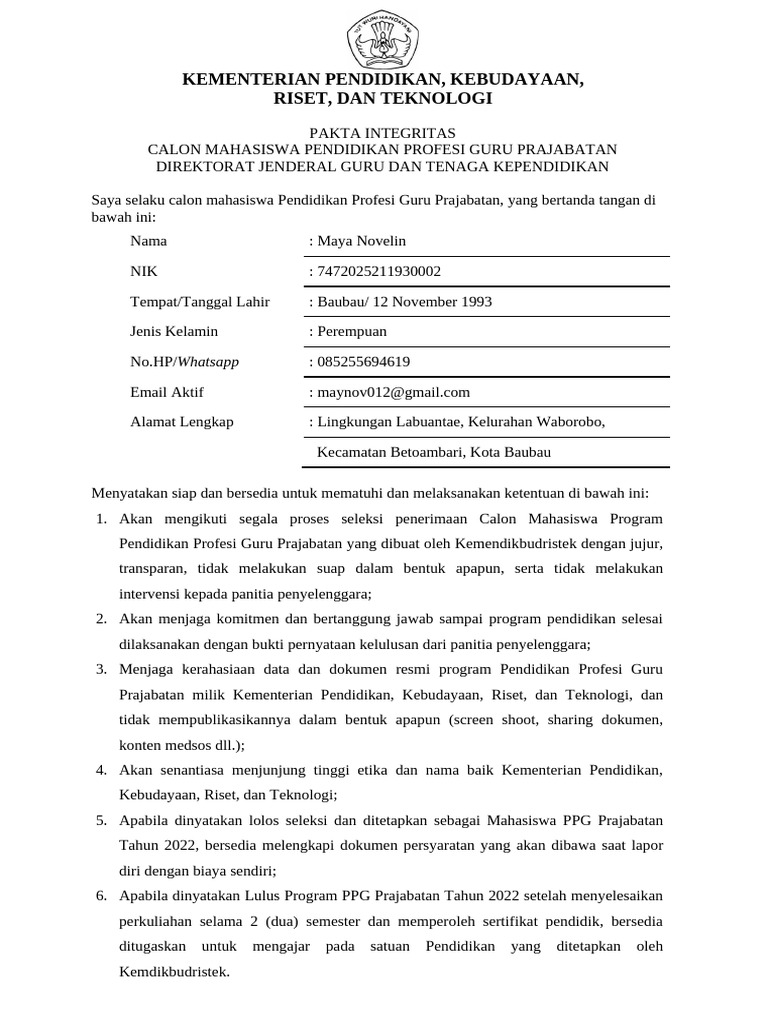 Pakta Integritas Calon Mahasiswa PPG | PDF