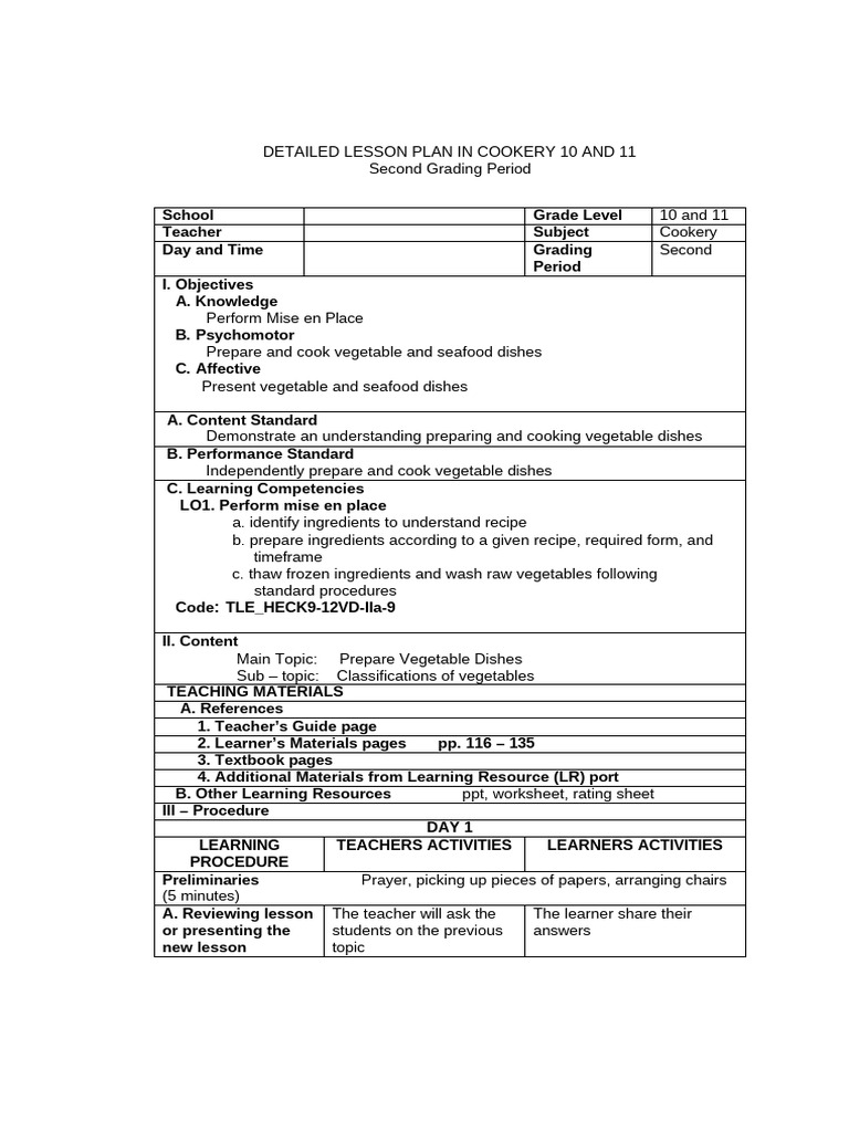 Cookery Lesson Plan for Grades 10-11 | PDF | Recipe | Teachers