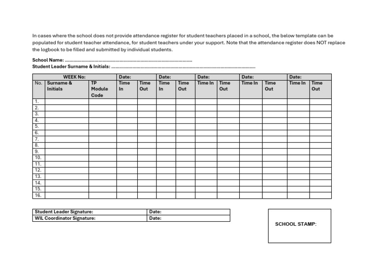 Student Teacher Attendance Register Template | PDF