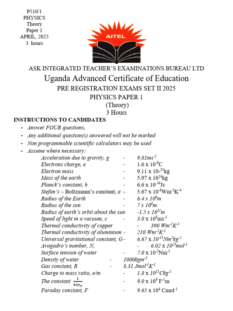 Physics 1 Uace Pre Registration Assessment | PDF | Heat | Force