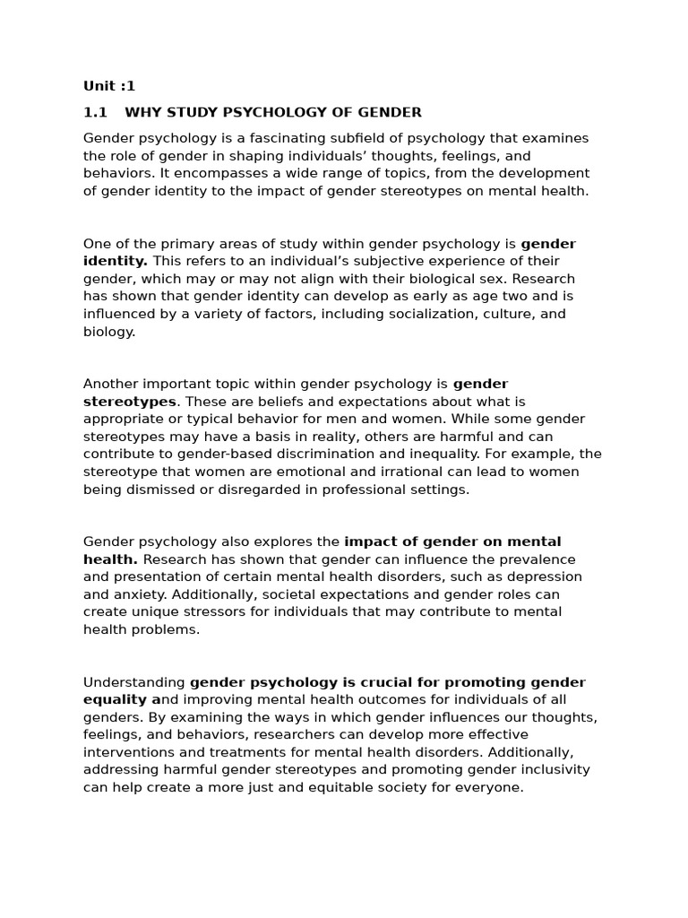 Gender Psychology Unit 1 | PDF | Gender Studies | Gender