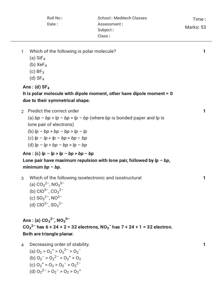 Chemical Bonding Dpp1 Answer | PDF | Chemical Bond | Chemical Polarity