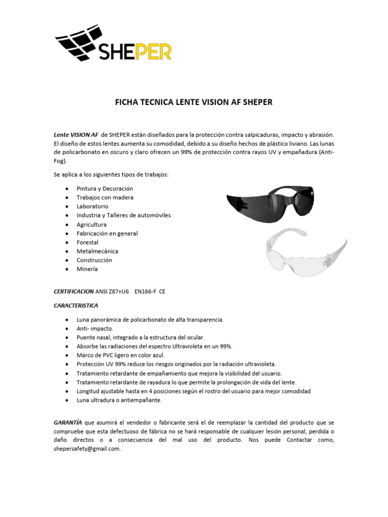 Ficha Tecnica Lente Vision Af Sheper | PDF