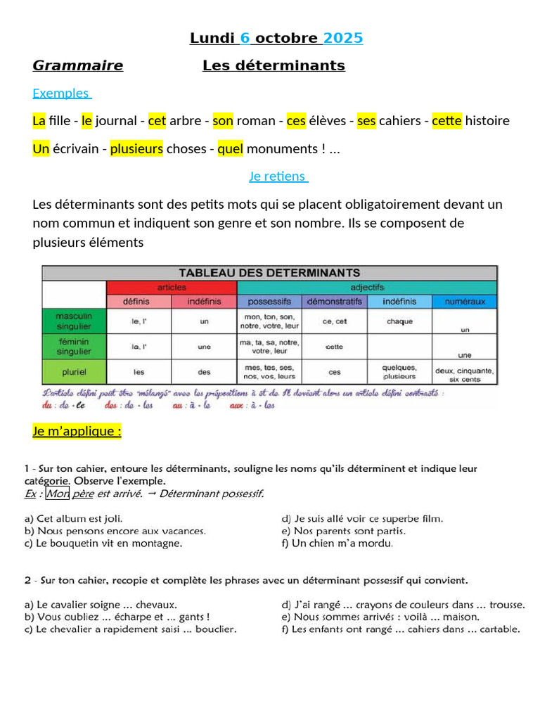 Les déterminants en grammaire | PDF