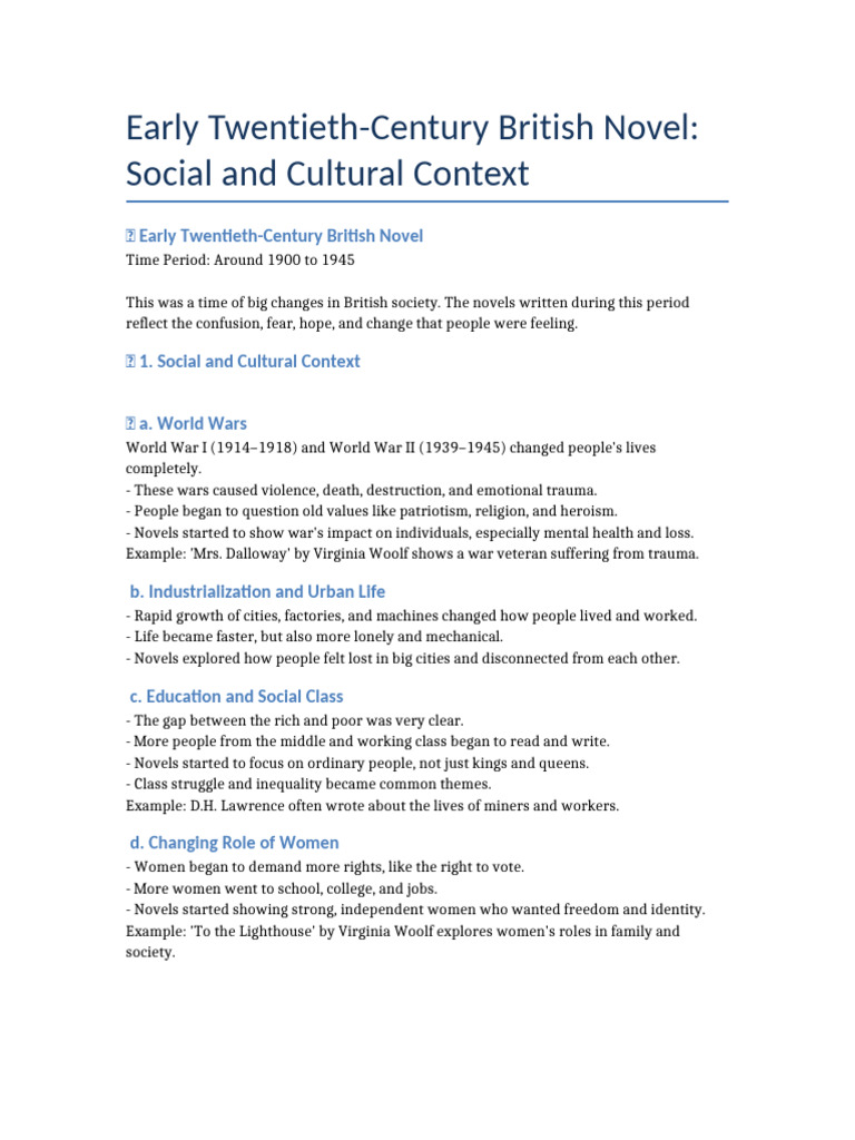 Early Twentieth Century British Novel Context | PDF | Literary ...