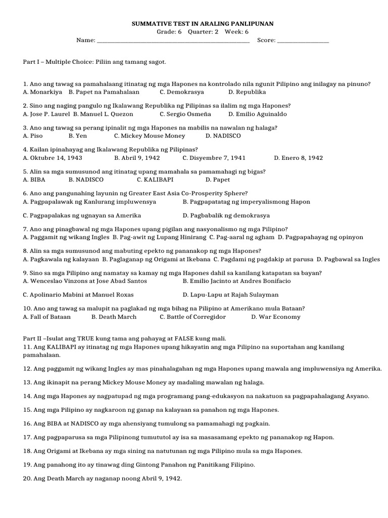 Summ - Test AP 6 q2 w6 | PDF