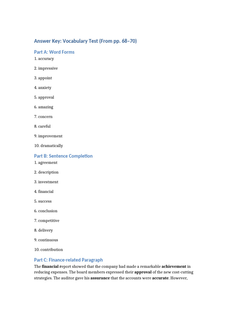 Vocabulary Test Answer Key | PDF