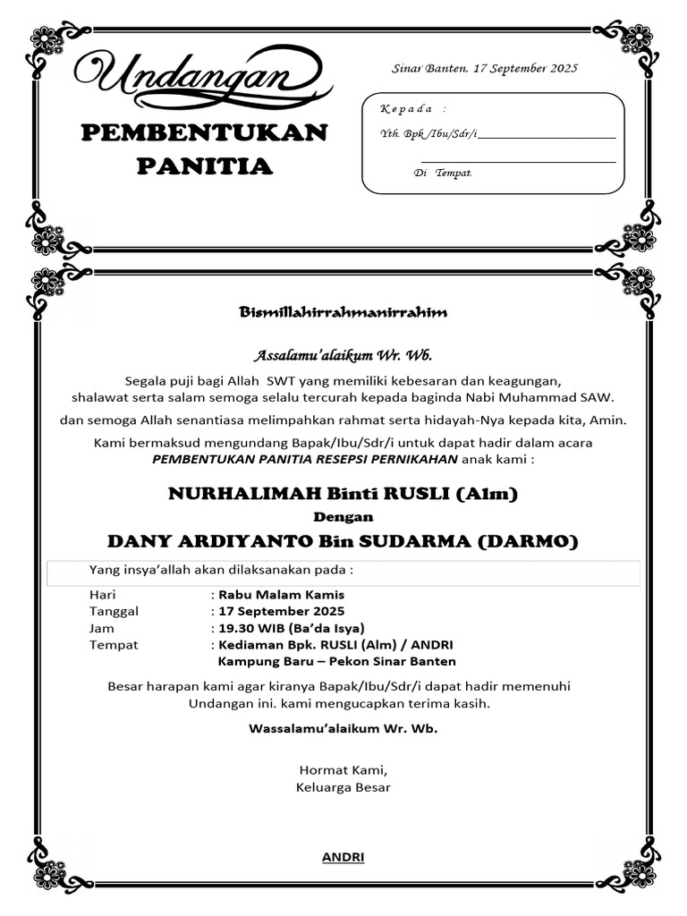 Undangan Pembentukan Panitia Resepsi Pernikahan | PDF