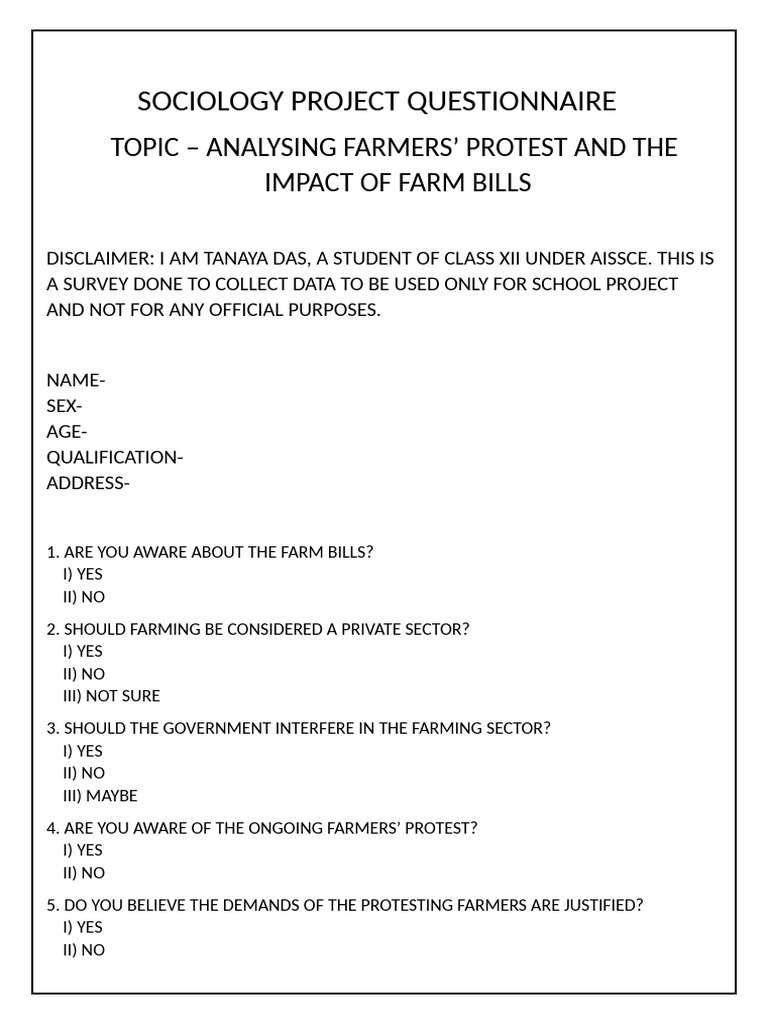 Farmers' Protest Impact Survey Questionnaire | PDF