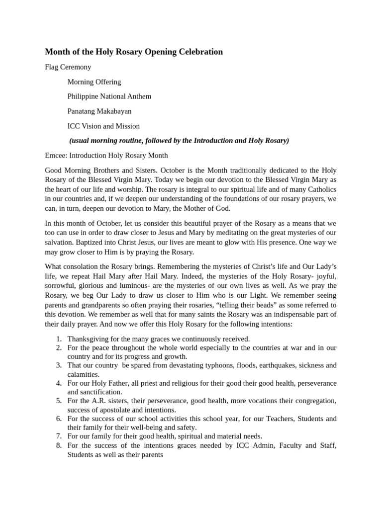 ICCBI Opening Month of The Holy Rosary Celebration | PDF | Rosary ...