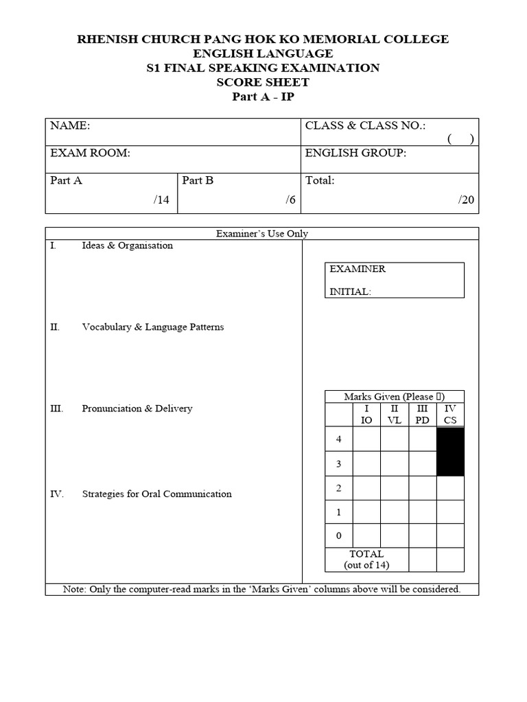 RCPHKMC S1 Paper 4 Score Sheet | PDF | Linguistics | Phonetics