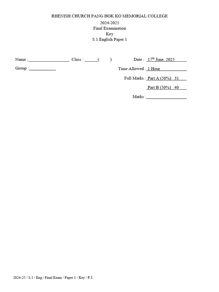 24-25 EL S1 T2 Final Exam Paper 1 - Key | PDF | Linguistics