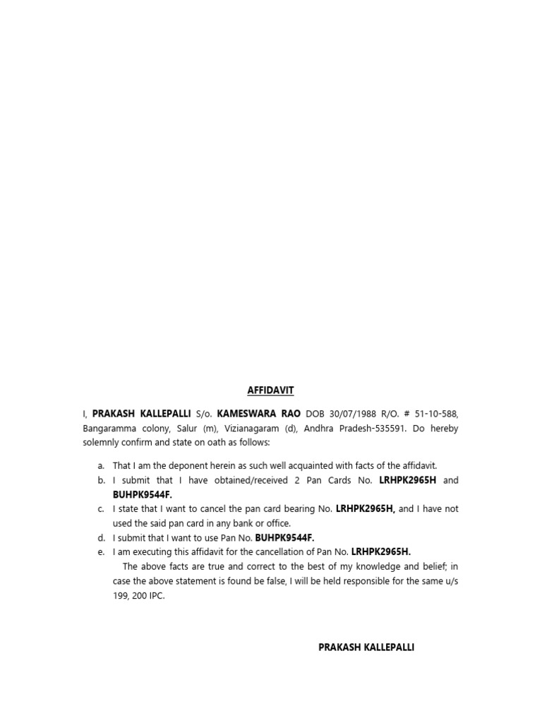 PAN Card Cancellation Affidavit | PDF