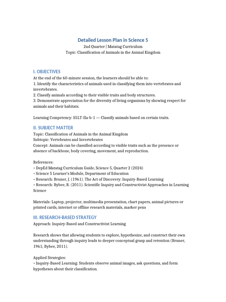 Science5 Classification of Animals LessonPlan | PDF | Inquiry Based ...