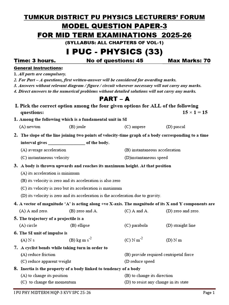 I Pu Phy Midterm Mqp-3 Tdpuplf 25-26 | PDF | Acceleration | Force