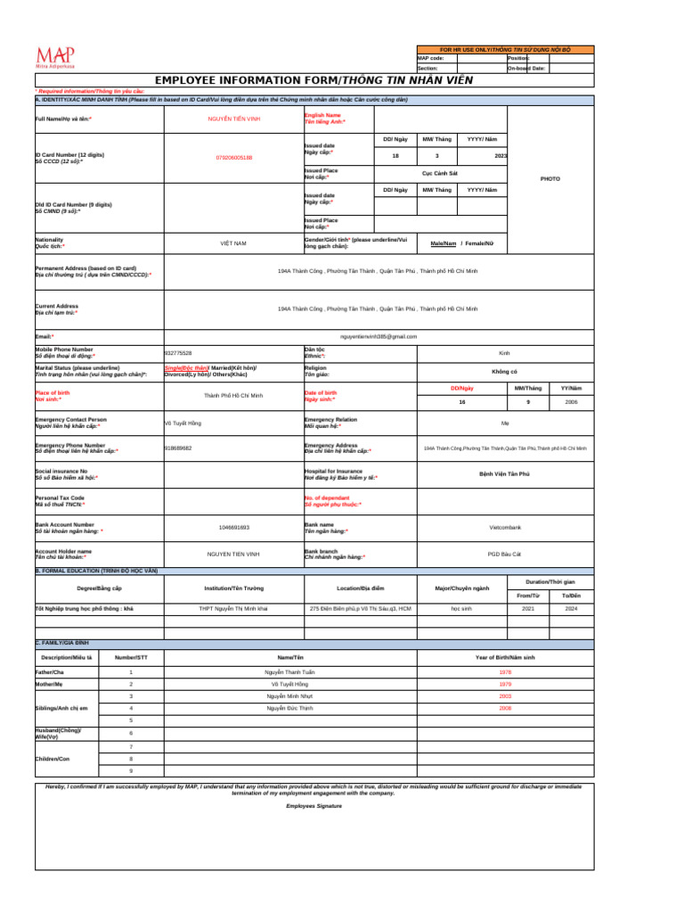 (Zara) en-VI Vietnam Employee Information Form 2024 | PDF