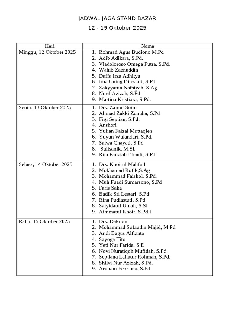Jadwal Jaga Stand Bazar 2025 | PDF | Chess Theory | Chess