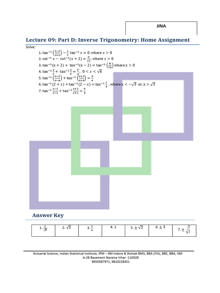 L-9 Part D Inverse Trigonometry Home Assignment | PDF