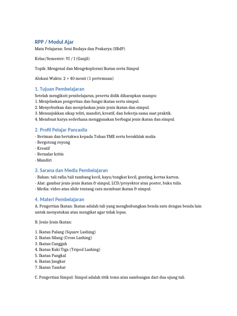 RPP Ikatan Dan Simpul Kelas6 | PDF