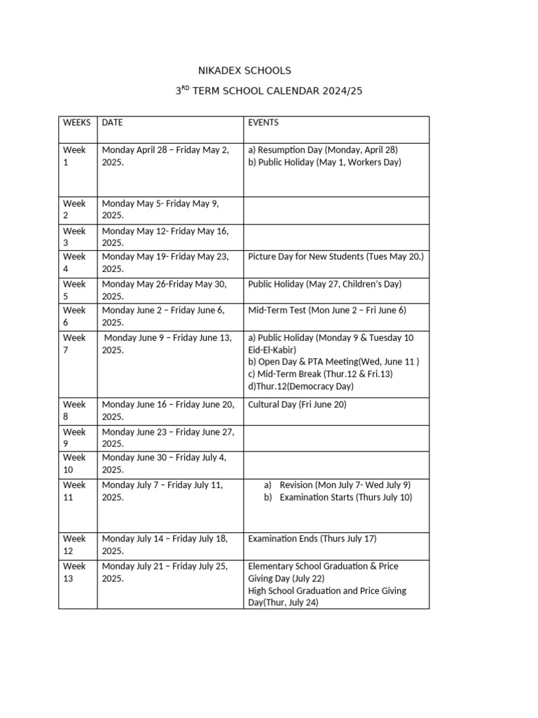 2024/25 3rd Term School Calendar | PDF
