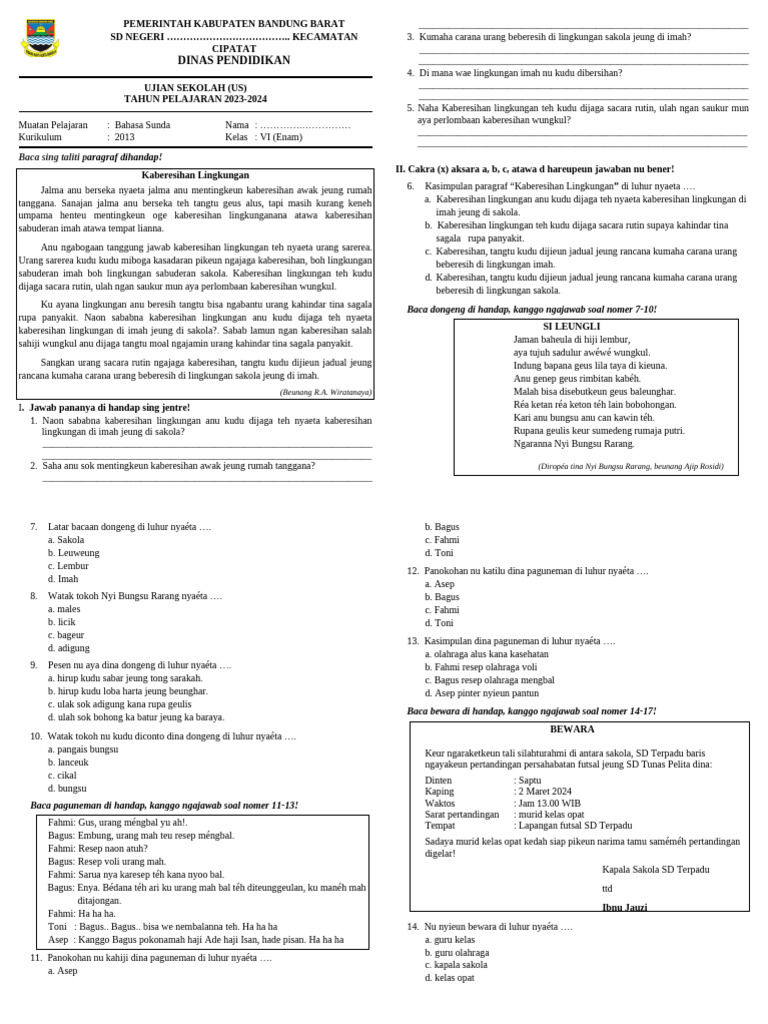 Master Soal B. Sunda US SD 2024 | PDF