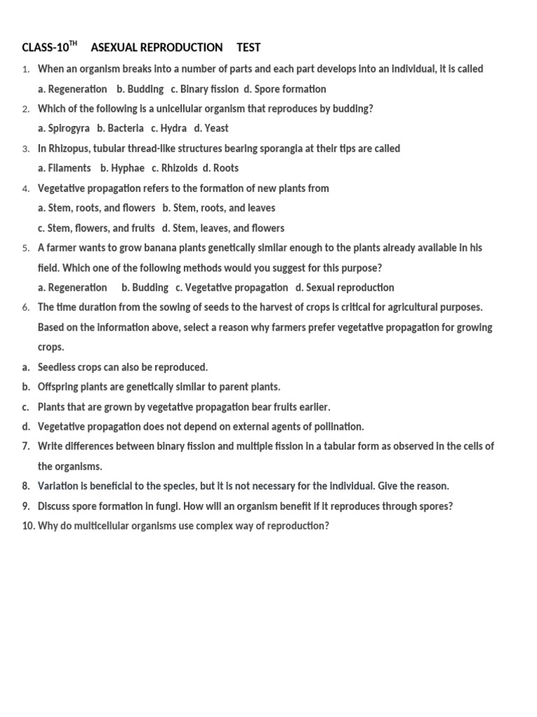 Class-10th Asexual Reproduction Test | PDF