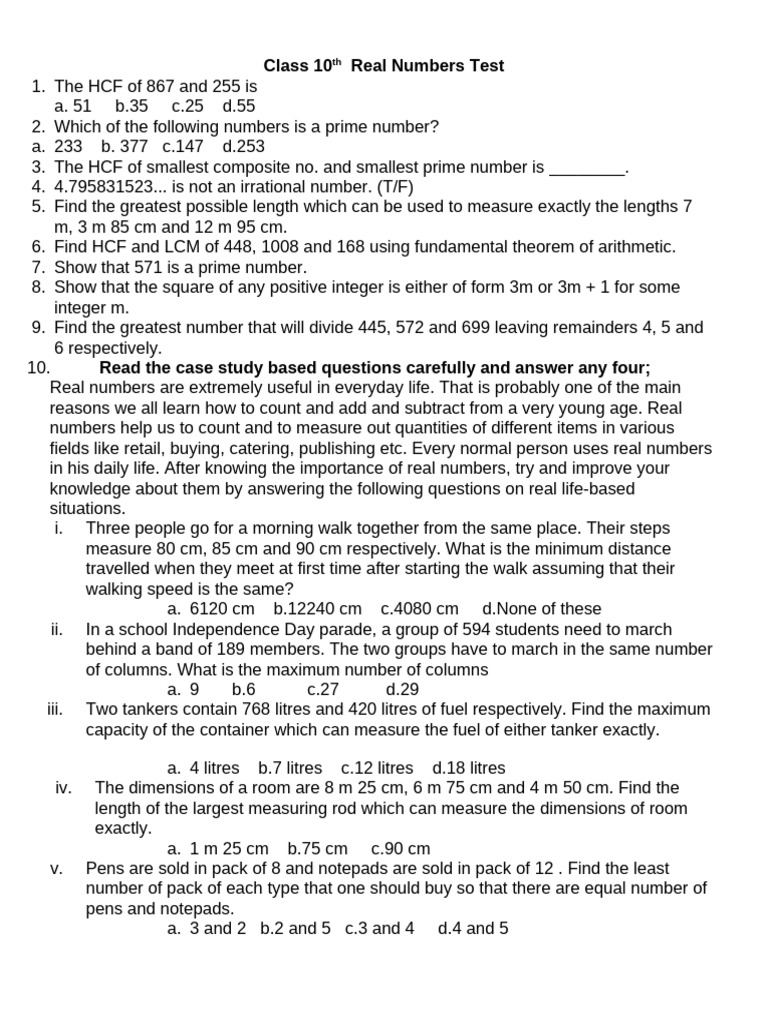 Class 10th Real Numbers Test | PDF | Prime Number | Numbers