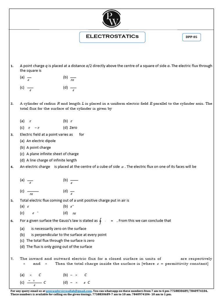 DPP-05 Electrostatics (Abhilash Sir) - DPP-05 Electrostatics PDF | PDF | Flux | Physics