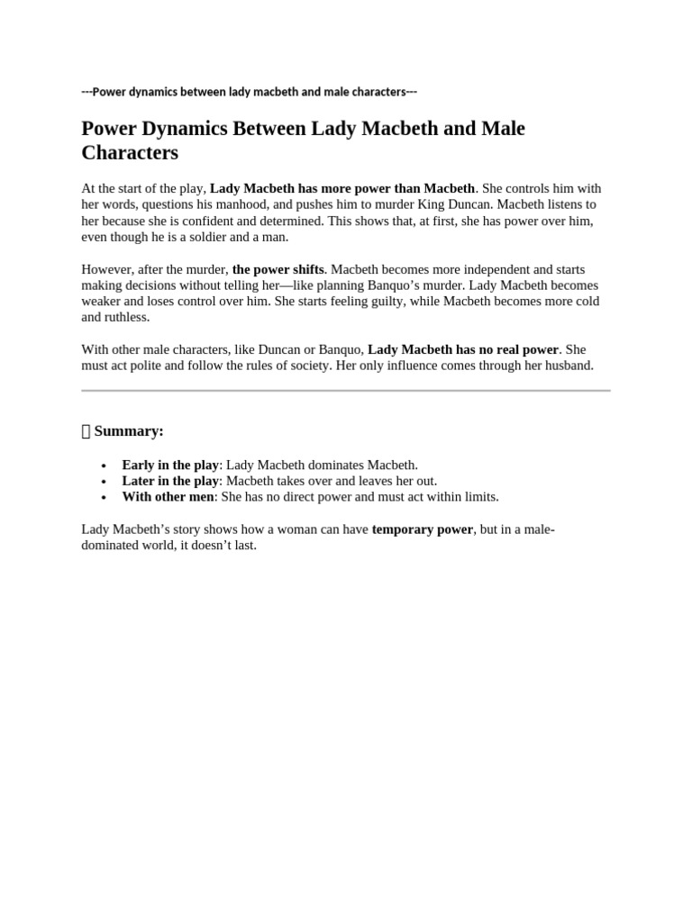 Power Dynamics Between Lady Macbeth and Male Characters | PDF