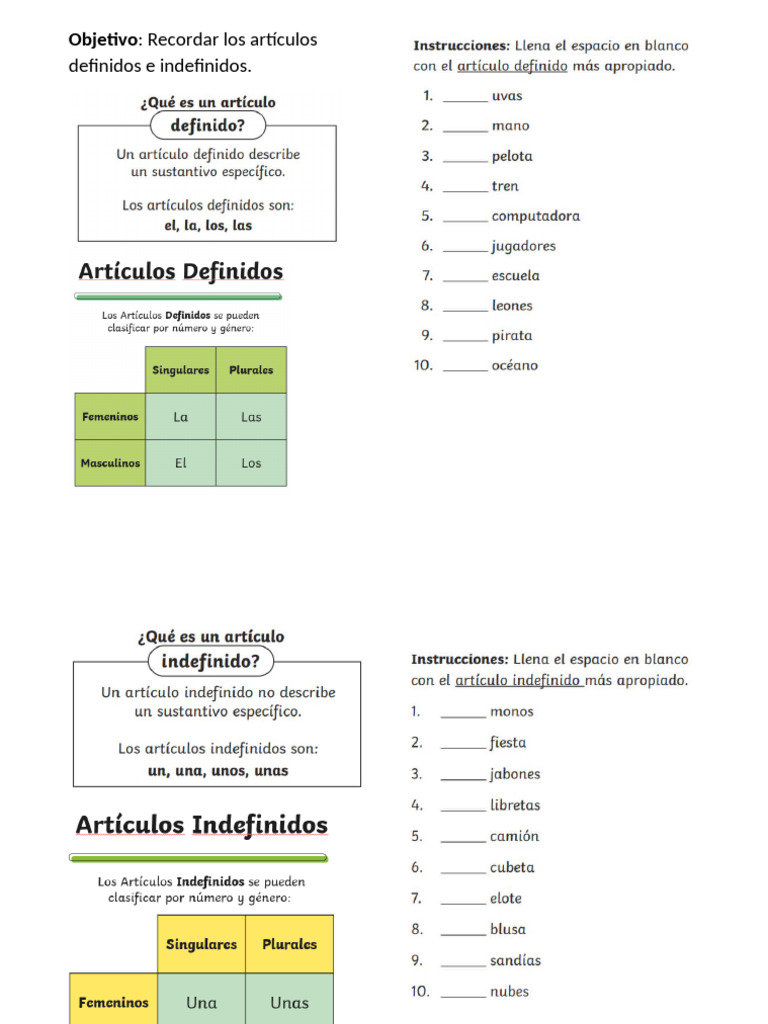 Clase 10 Artículos Definidos e Indefinidos Material y Trabajo en Clases ...