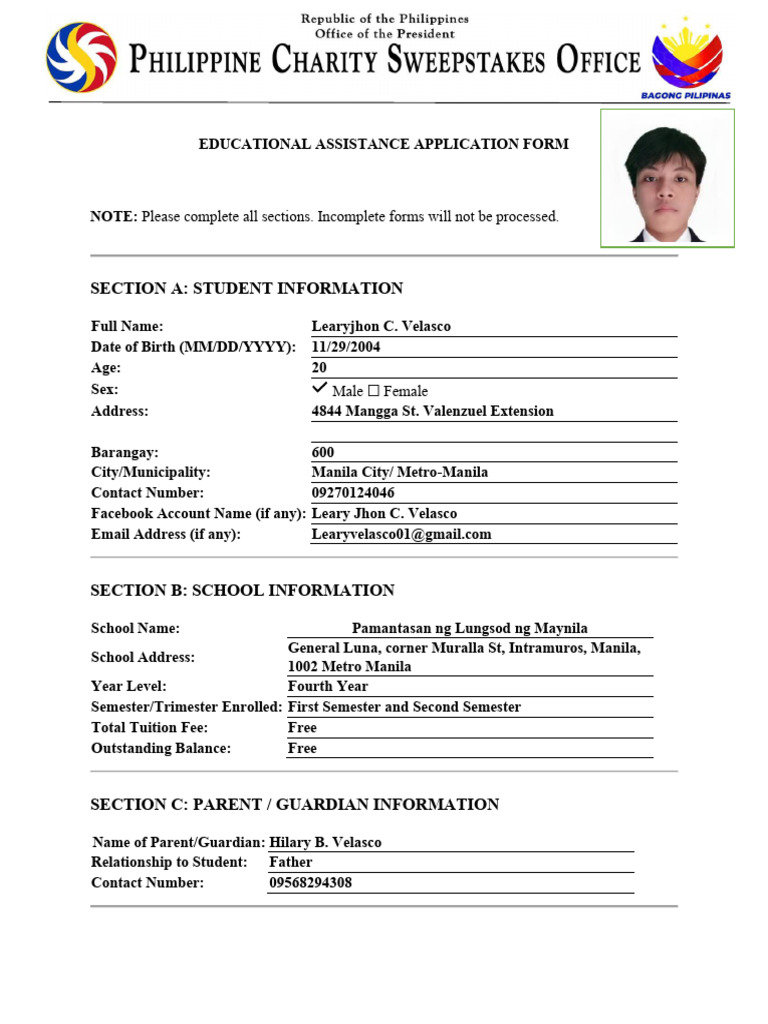 PCSO Education Assistance Application Form | PDF