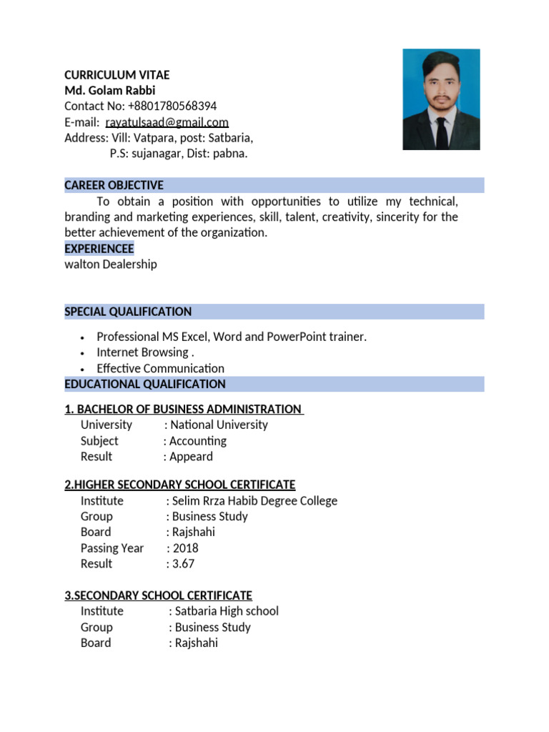 Curriculum Vitae Md. Golam Rabbi | PDF