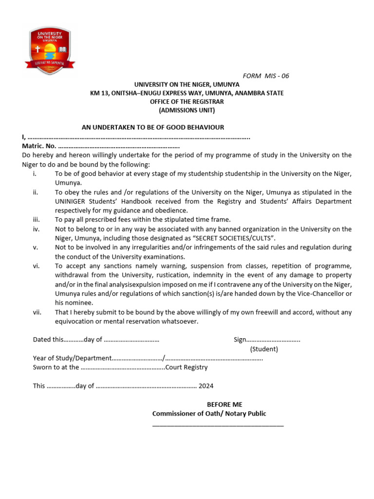 Admissions Unit Undertaken To Be of Good Behaviour | PDF | Common Law ...