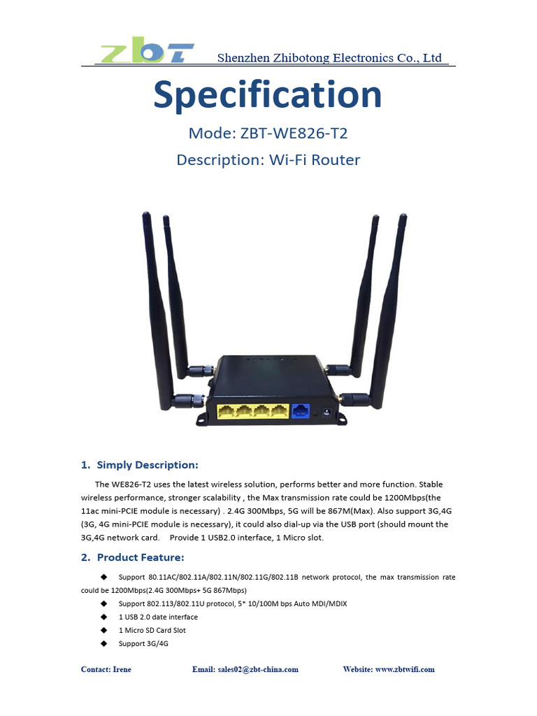 ZBT WE826-T2 Wi-Fi Router Overview | PDF | Ieee 802.11 | Wi Fi