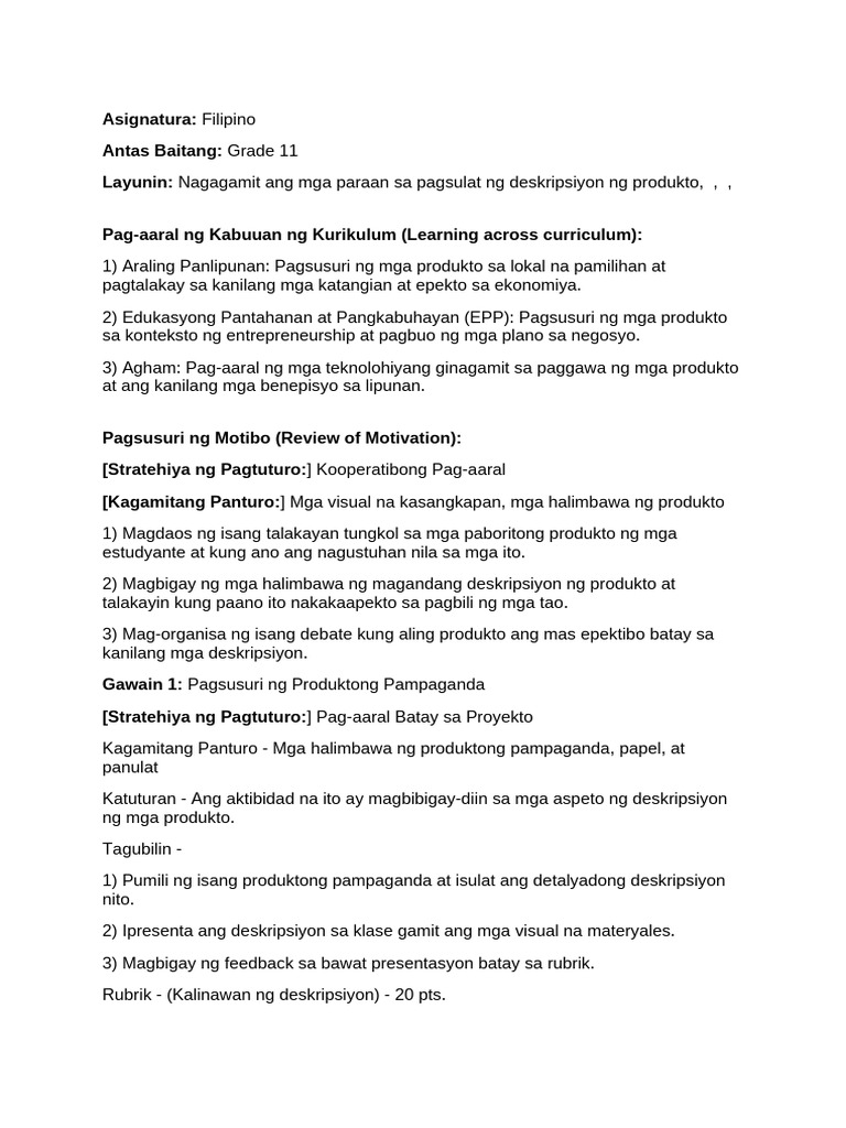 Lesson Plan Filipino | PDF