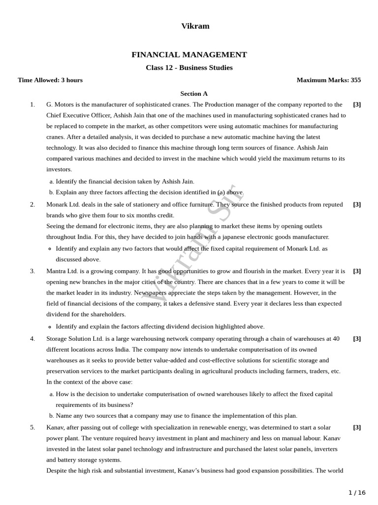 Financial Management Case Studies for Class 12 | PDF | Capital ...