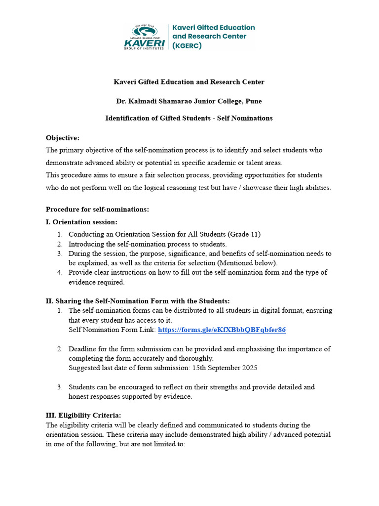KSJC Self Nomination - 2025 | PDF | Gifted Education | Cognition