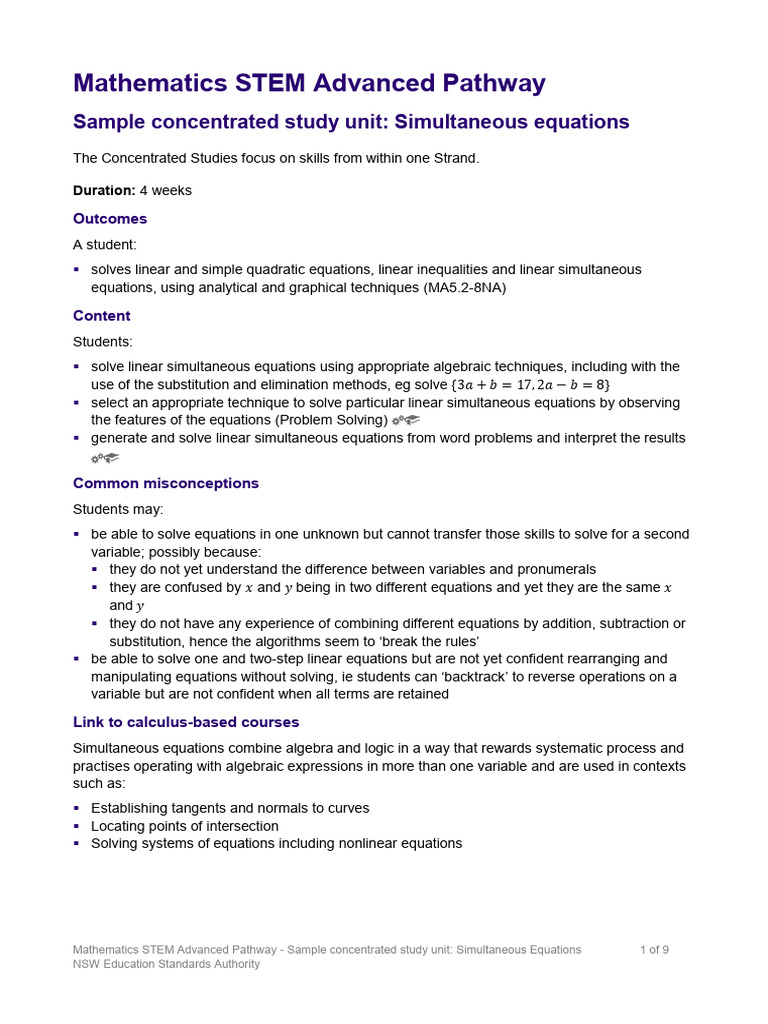 Sample Unit Mathematics Stage 5 Stem Advanced Pathway Simultaneous ...