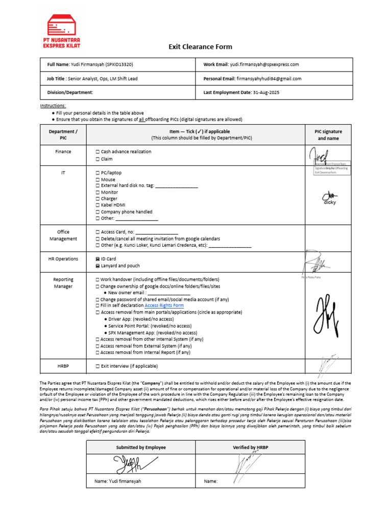 Exit Clearance Form - Yudi Firmansyah-Signed | PDF