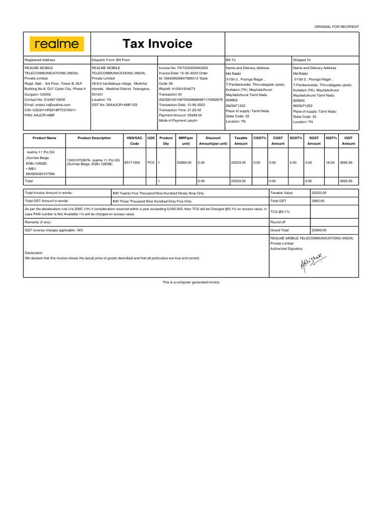 Realme 11 Pro 5G - Sunrise Beige MD Rabbi | PDF | Public Finance | Taxation