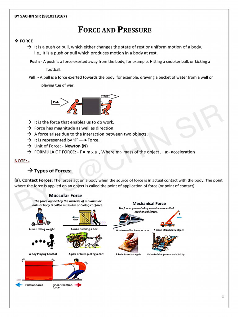 Force and Pressure Notes | PDF