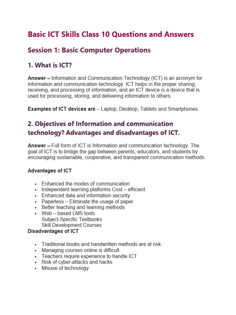 Class 10 ICT Skills Q&A Guide | PDF | Educational Technology | Computer ...