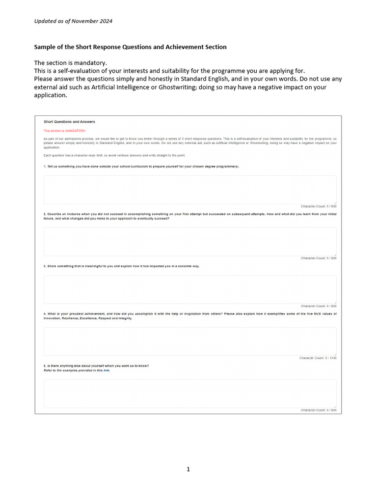Sample of Short Response Questions and Achievements Section | PDF